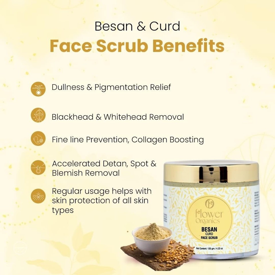 Flower Organics Besan & Curd Skin Brightening, Tan Removal Face Scrub ...