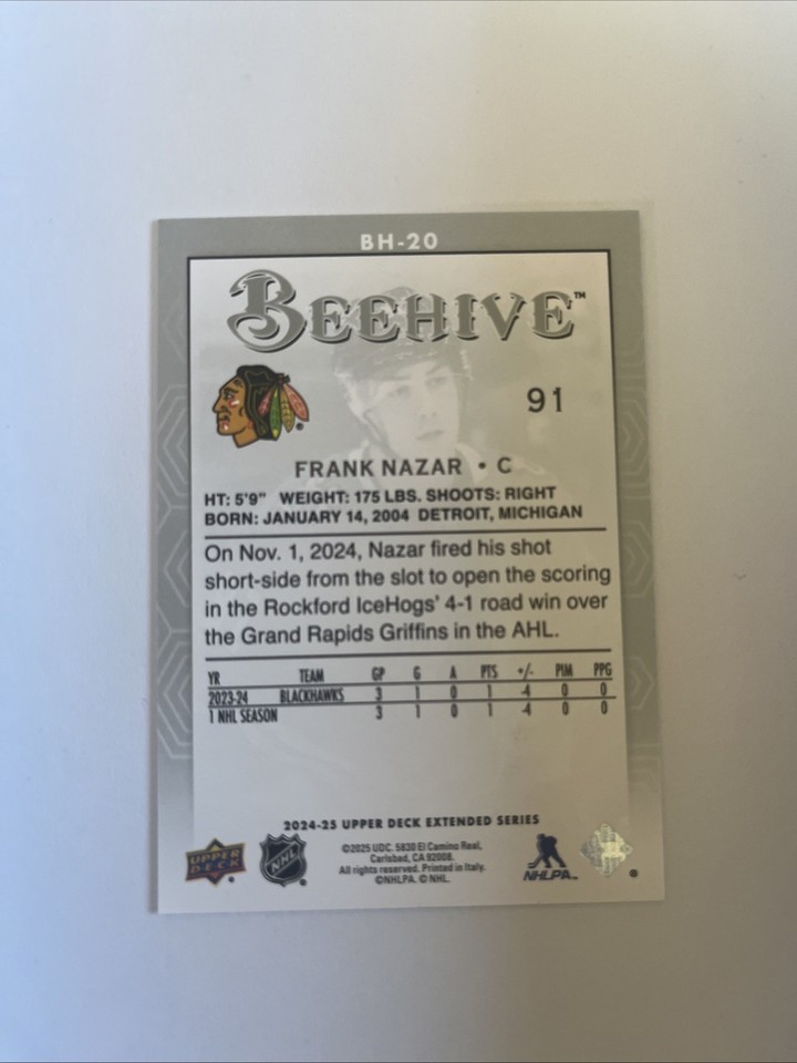 Frank Nazar 2024-25 Upper Deck Beehive Rookie #BH-20 Chicago Blackhawks ...