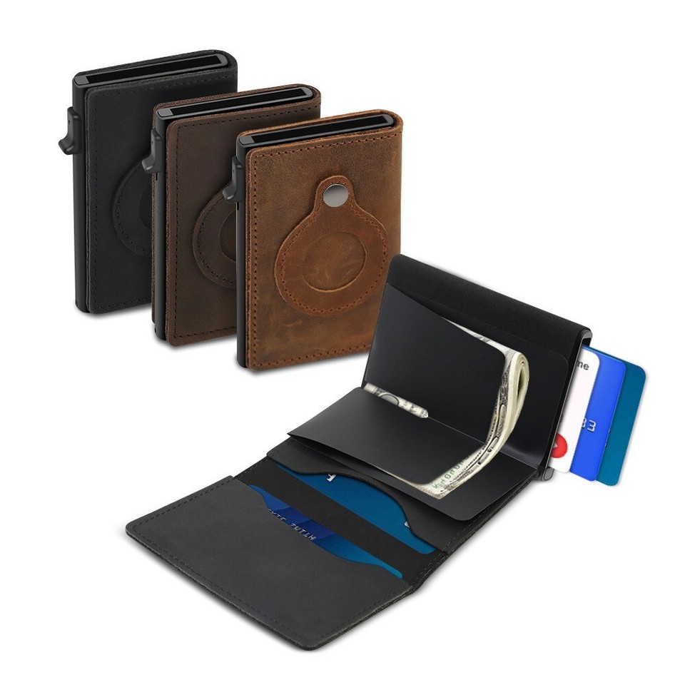 For Airtag Wallet Case Genuine Leather Credit Card Holder Magnetic Air ...