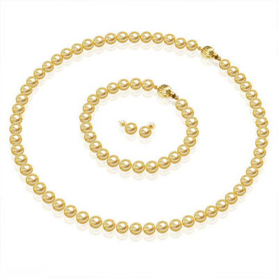 8mm Golden Akoya Shell Pearl Necklace 18'' Bracelet 7.5'' Earrings Set ...
