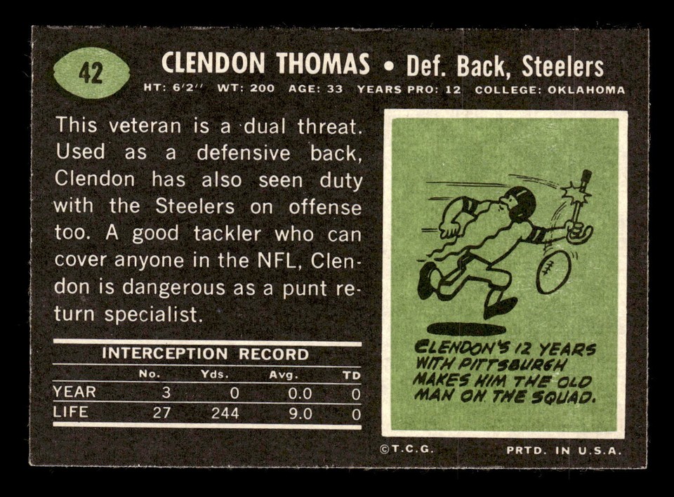 Clendon Thomas 1969 Topps #42 Pittsburgh Steelers GD-VG | eBay