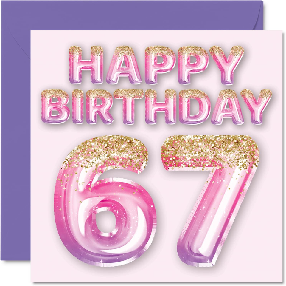 67Th Birthday Card for Women - Pink & Purple Glitter Balloons - Happy ...