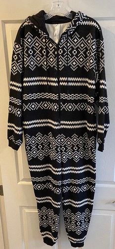 NEW Fabletics Cozy Fleece Hooded One Piece Black Nordic Fair Isle Women ...
