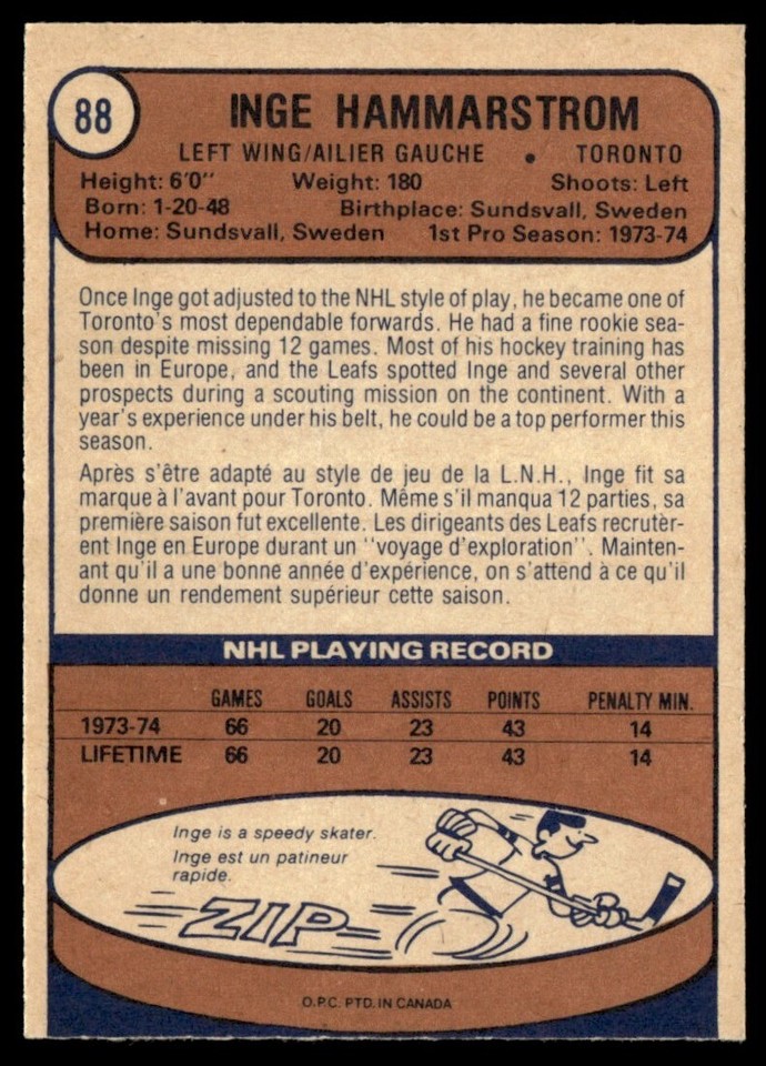 1974-75 O-Pee-Chee Rookie Card RC Inge Hammarstrom Rookie Toronto Maple ...