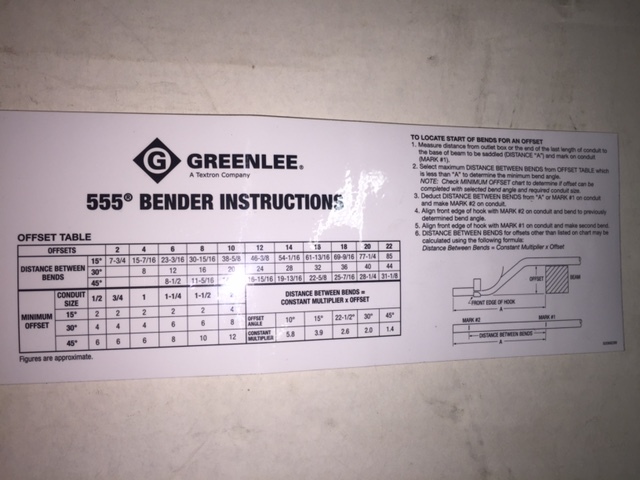 NEW GREENLEE 555 CONDUIT PIPE BENDER INSTRUCTION DECAL & TOP COVER ...