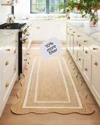 Heavy Natural Jute Runner Rug Scalloped Runner Rug, Bohemian Scallop ...