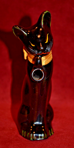 VTG Black Cat Smoking Pipe Ceramic Figurine Orange Eyes & Bow Long Body ...