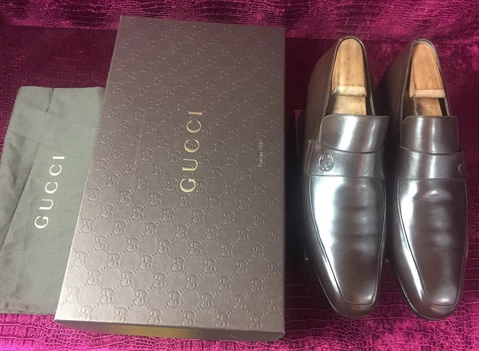 $825 Mens Brown Gucci Leather GG Loafers Sz 8 G / 9 US / Made In ITALY ...