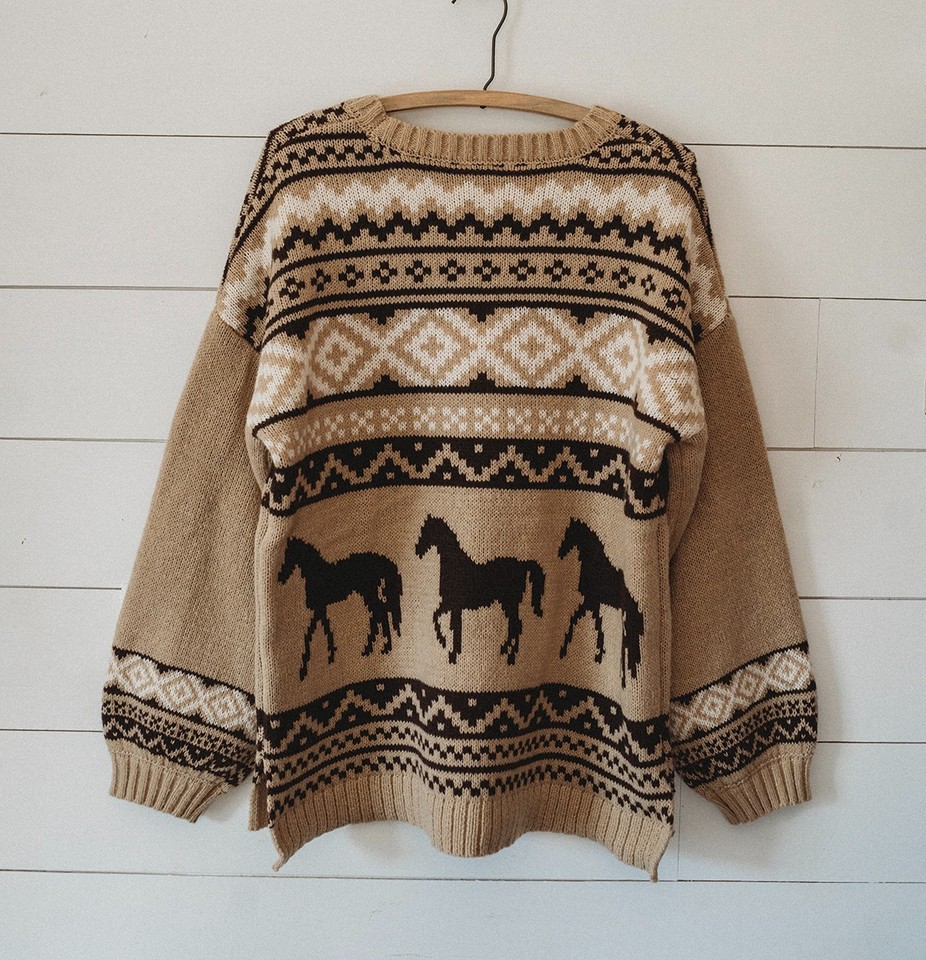 M New Horse Aztec Western Native Knit Soft Oversized Sweater Womens ...