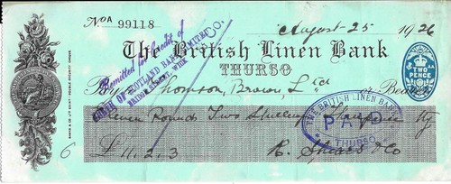 The BRITISH LINEN BANK, Thurso, Scotland. Vintage Bank Cheque 1926 ...