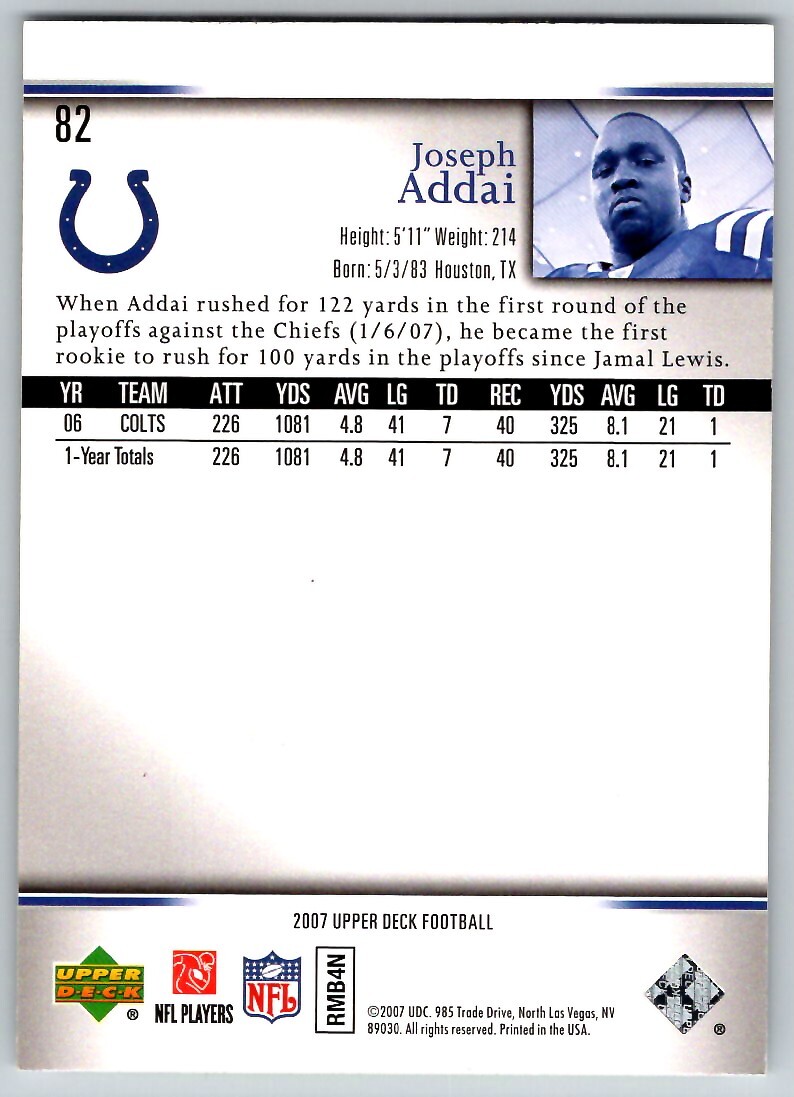 2007 UPPER DECK JOSEPH ADDAI INDIANAPOLIS COLTS #82 | eBay