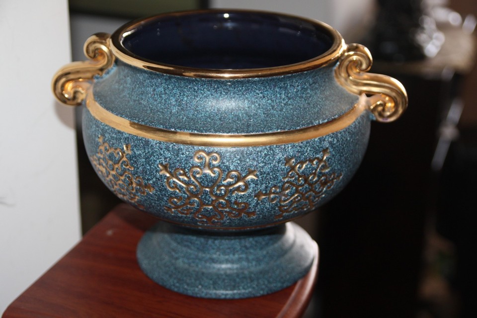 Awesome Blue with Gold Ceramic Pottery Pot Jar Bowl Handled Home ...