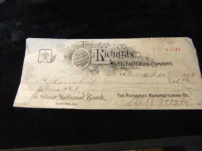 Rare RARE canceled check RICHARDS MANUFACTURING CO. AURORA IL.1909 ...
