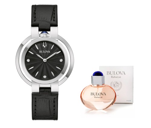 Bulova Women's Quartz Crystal Accent Black Leather Watch & Perfume 35MM ...