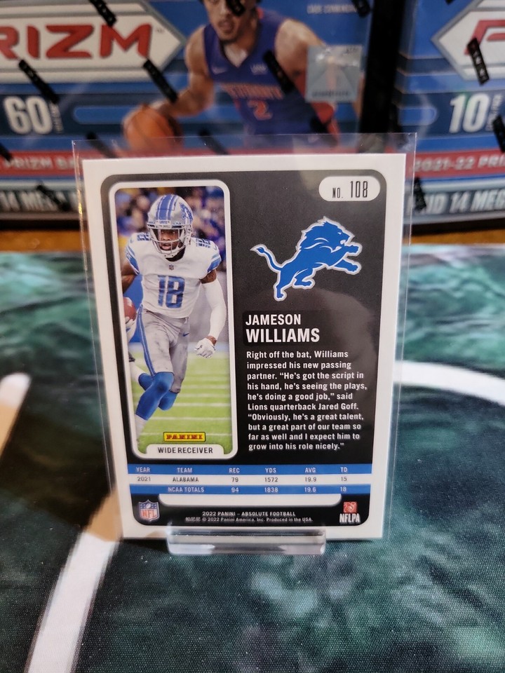 2022 Absolute Jameson Williams Rookie Card RC Base - #108 Lions | eBay