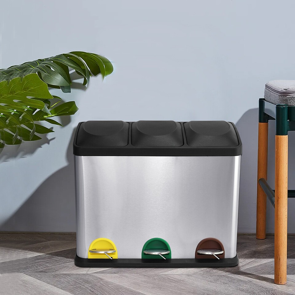 30L/45L/60L Dual/Tri Step Stainless Steel Bucket Trash Can Rubbish ...