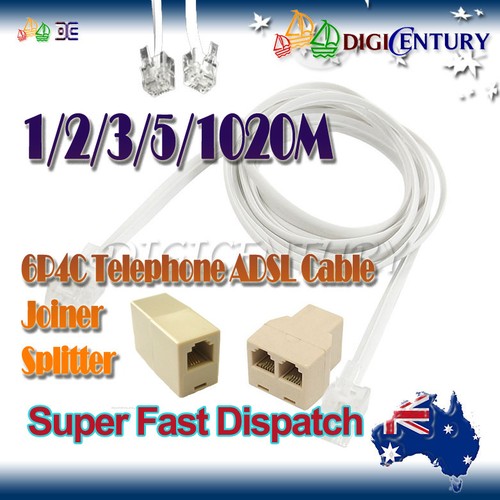 White 6P4C RJ11 Cross over Telephone ADSL2+ Cord Cable 1/2/3/5/10m ...
