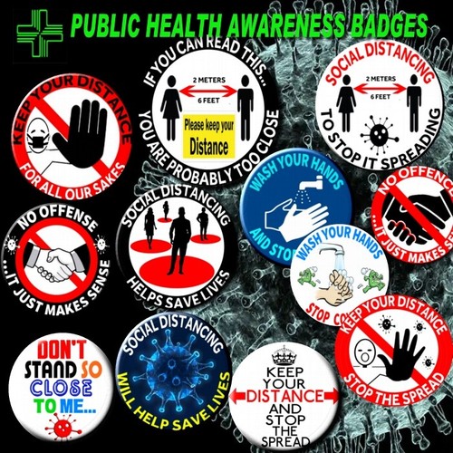 12 SET PUBLIC HEALTH WARNING BADGES -SOCIAL DISTANCING- KEEP YOUR ...