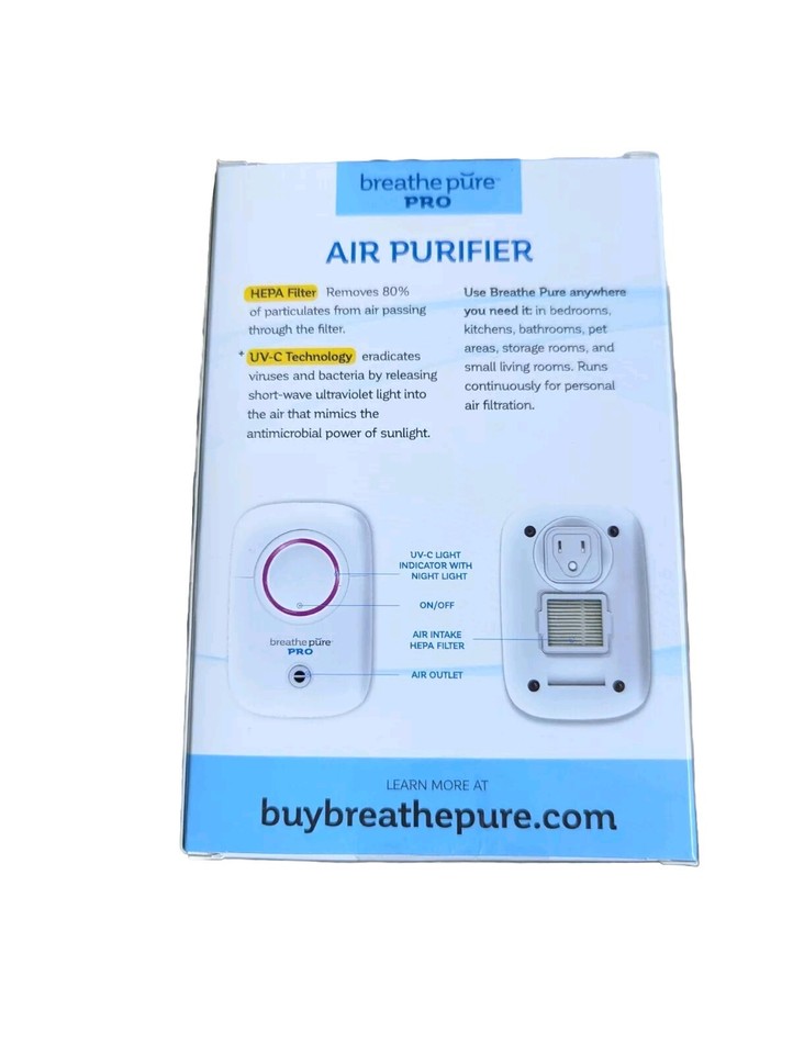 Breathe Pure Pro Portable Plugin Air Purifier White HEPA UV-C NEW ...