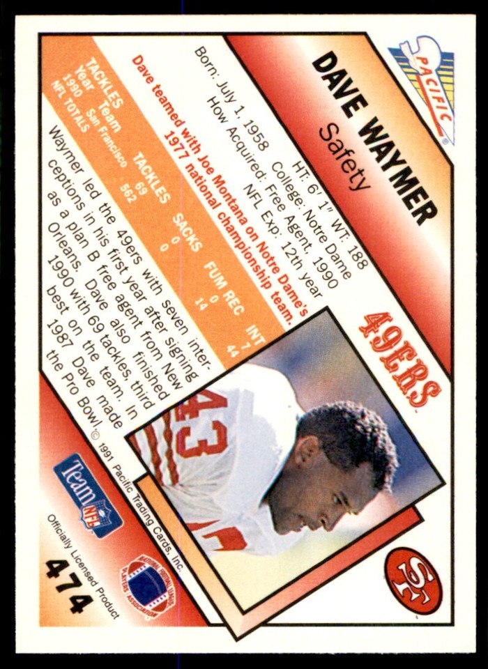1991 Pacific Dave Waymer . San Francisco 49ers #474 | eBay