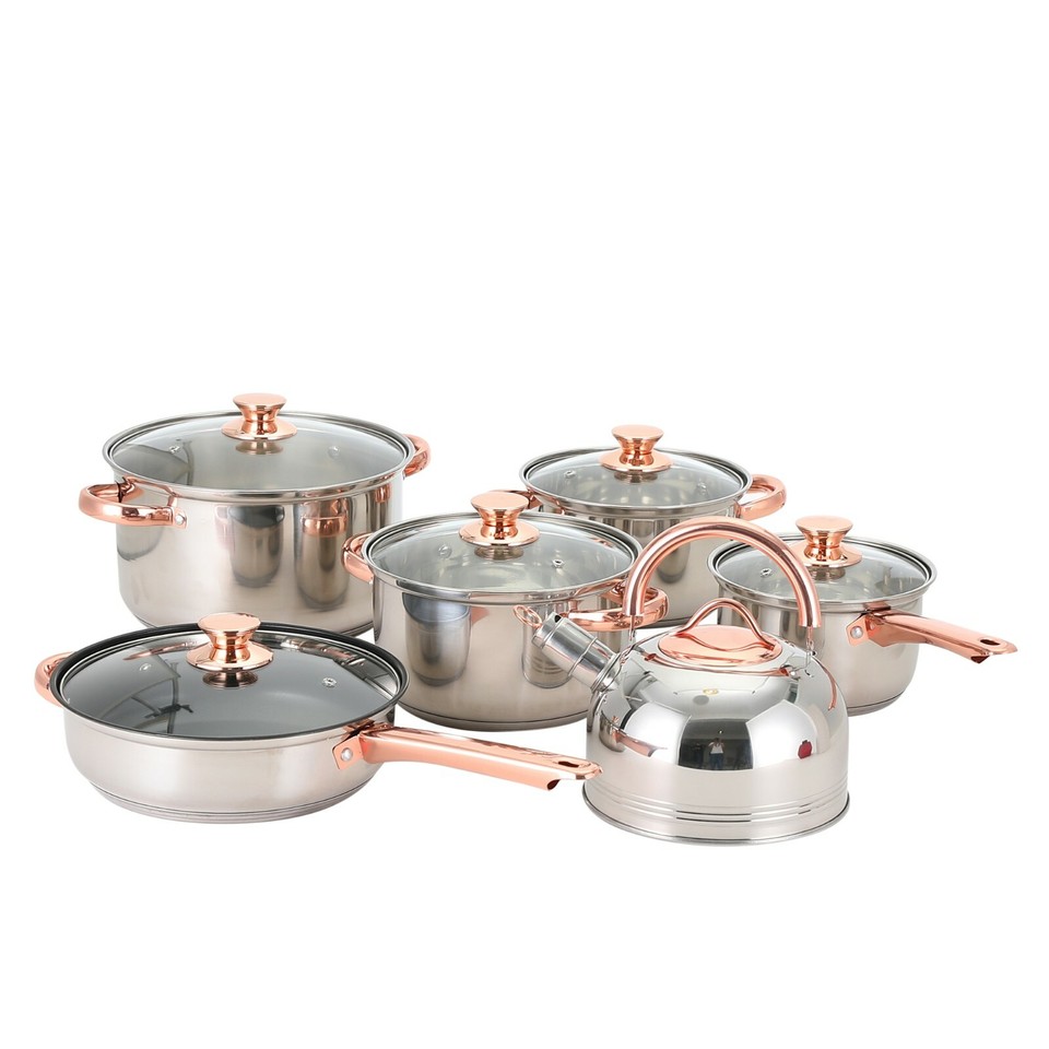 12 Pcs ROSE GOLD INDUCTION HOB STAINLESS STEEL CASSEROLE POT SAUCEPAN ...