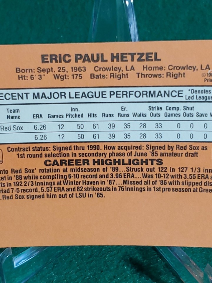 1990 Donruss Baseball Card Eric Hetzel Boston Red Sox #539 | eBay