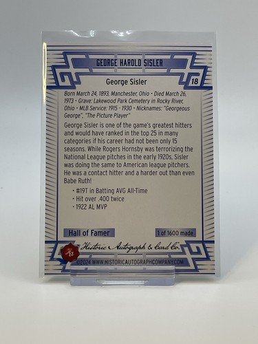 George Sisler Card #18 2024 Historic Autograph All Time Greats 1 of ...