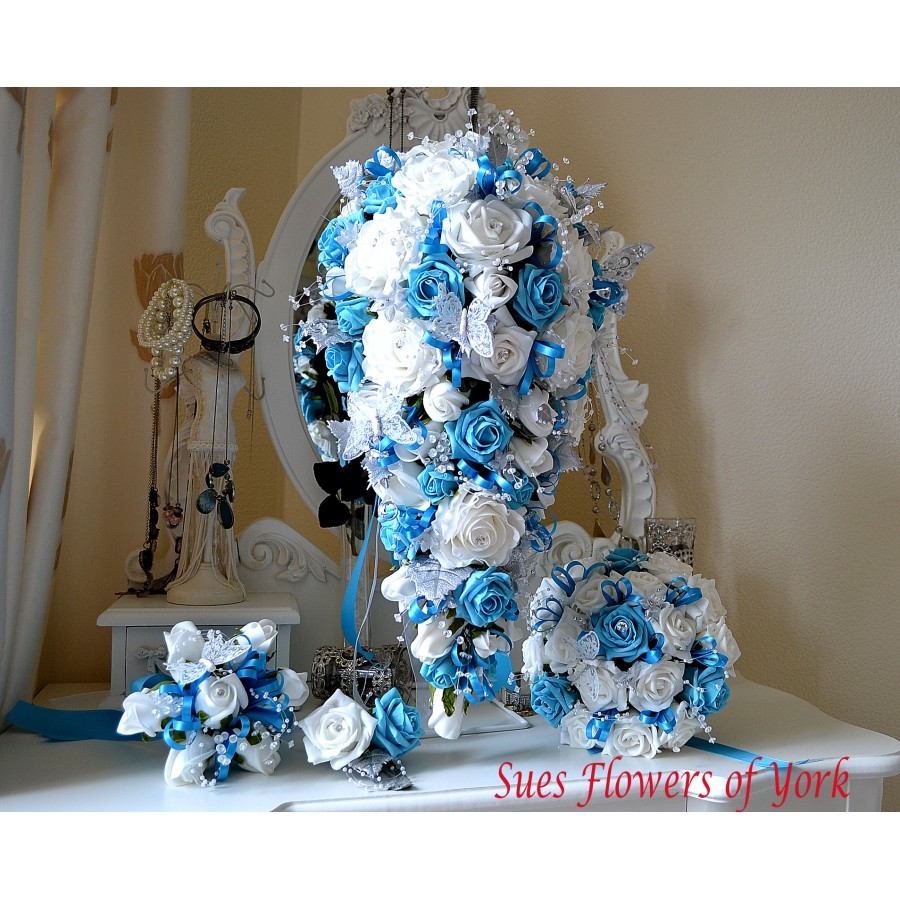 Brides Set Large Brides Bouquet in Turquoise/ White 1 bridesmaids 1 ...