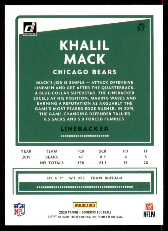 2020 Donruss Press Proof Red Parallel Khalil Mack Chicago Bears #57 ...
