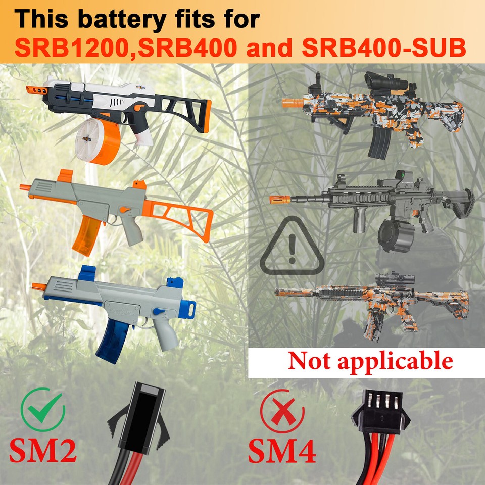 2x Airsoft Li-on Battery 7.4v 2000mAh SM 2P to Tamiya Cable for SRB1200 ...