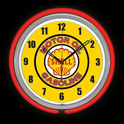 15" SHELL Motor Oil & Gasoline Sign Red Double Neon Clock Gas Station ...