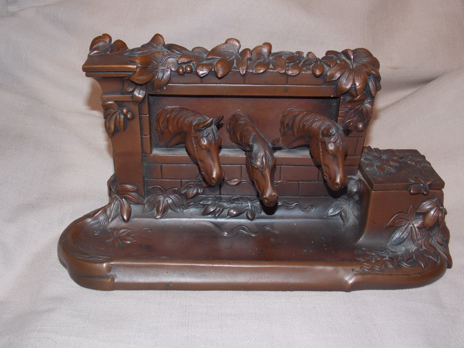 Antique Bronze 3 Horses at Stable Feeding Trough Inkwell Art Nouveau ...