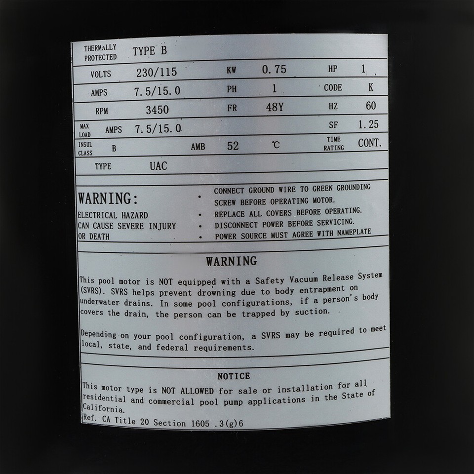 USQ1102 Pool Motor 1HP 3450RPM 48Y Frame Square Flange Pool Pump Motor ...
