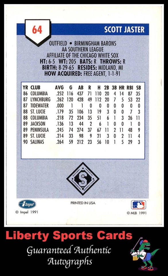 1991 AA Impel Scott Jaster #64 Birmingham Barons Authentic Autographed ...