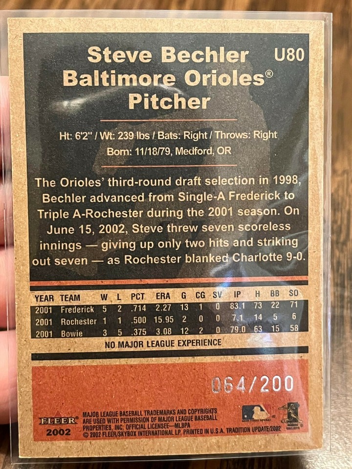 STEVE BECHLER 2002 FLEER TRADITION UPDATE "PROSPECT" #U80 ROOKIE ...