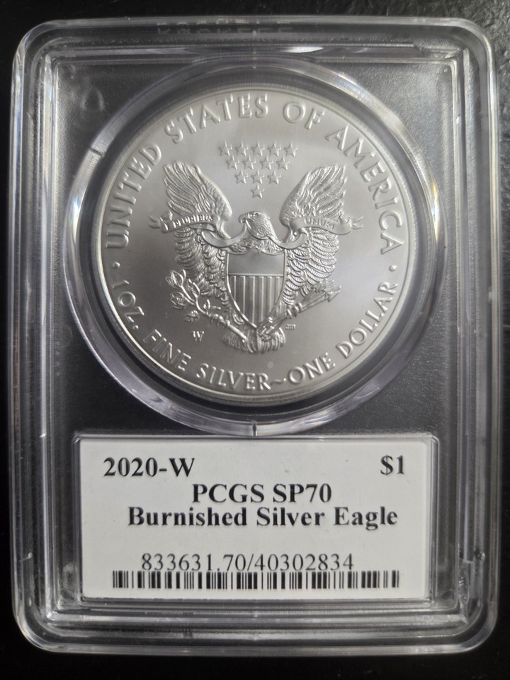 2020-W BURNISHED AMERICAN SILVER EAGLE PCGS SP70 MERCANTI SIGNED FLAG ...