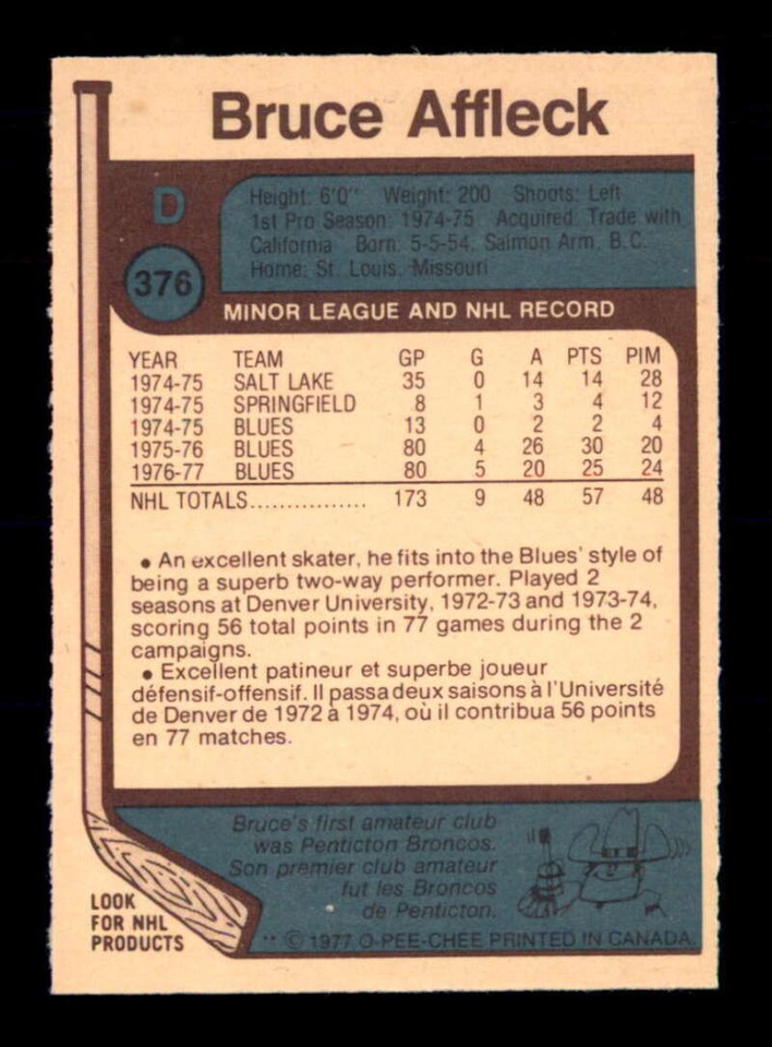 1977 O-Pee-Chee NHL #376 Bruce Affleck NM/NM+ X2912298 | eBay
