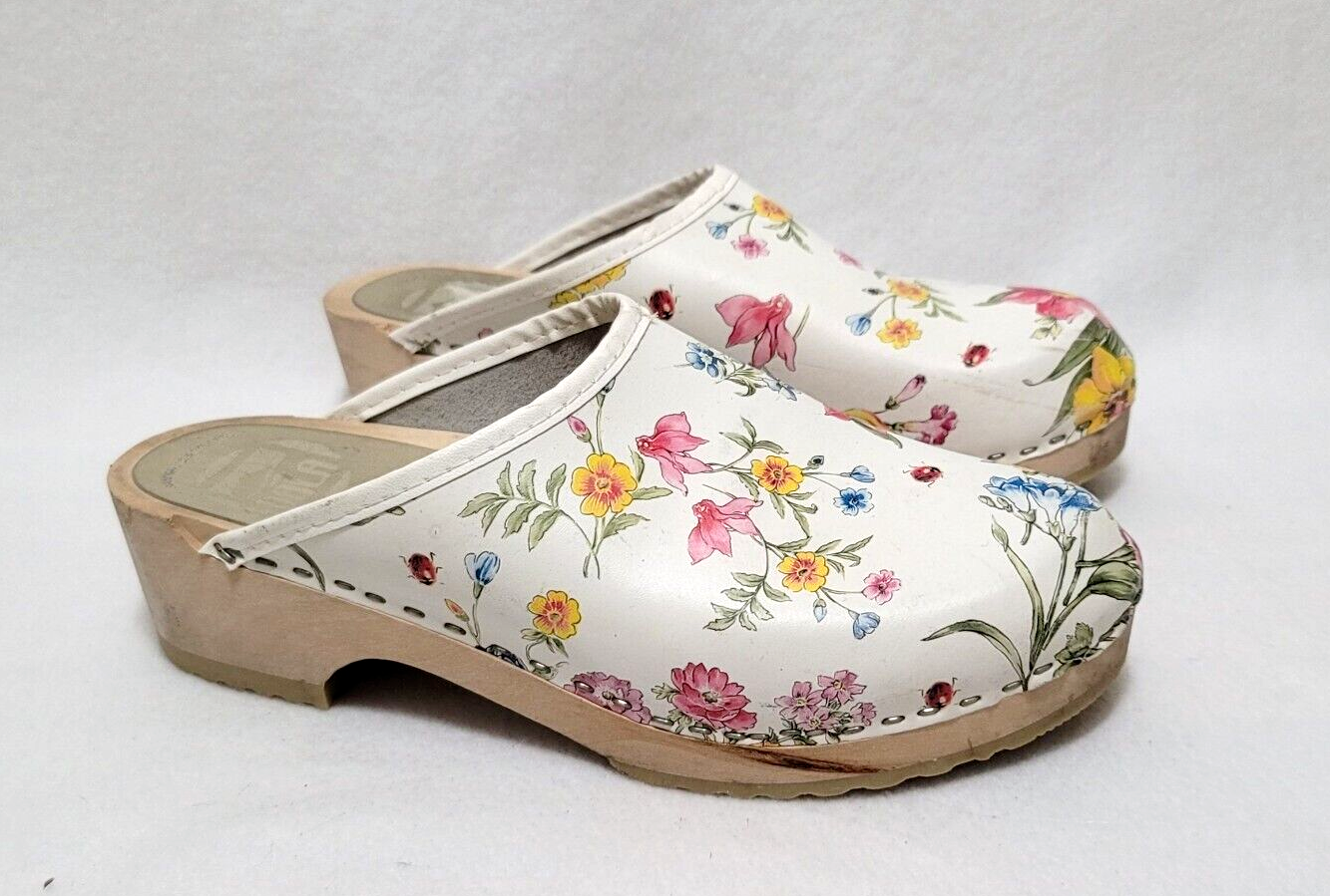 DALA CLOGS White & Multicolor Floral Leather Slip-On Swedish Clogs Size ...