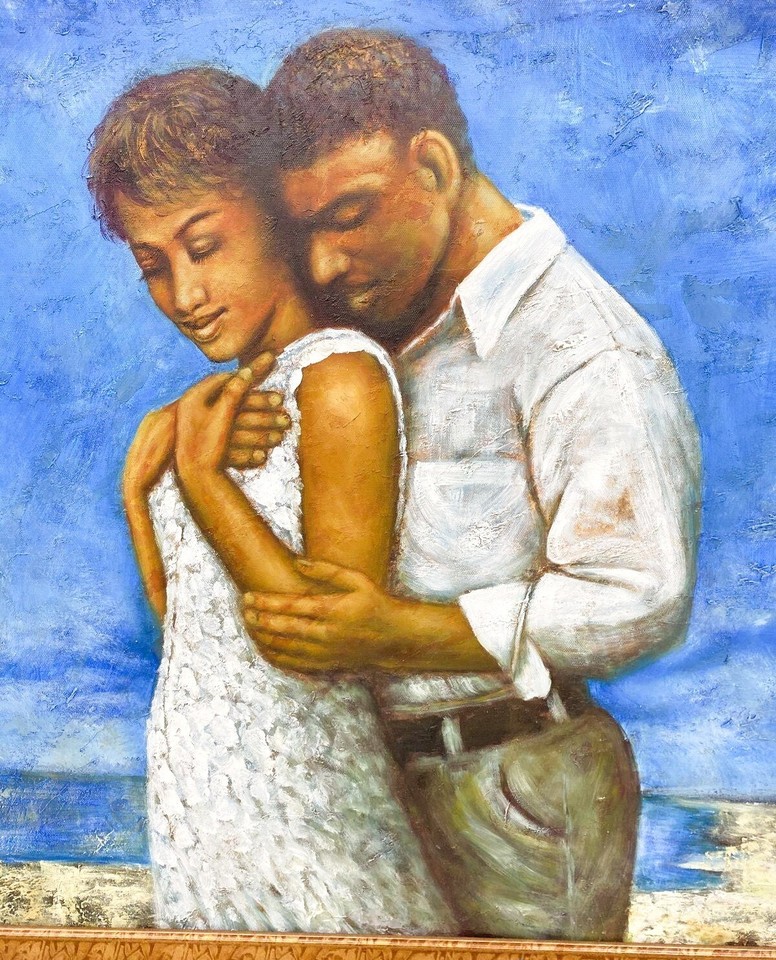 Couple Embracing at the Beach, Framed Oil Painting Signed by Artist M ...