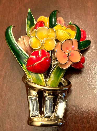 Napier Spring Flower Basket Bouquet Brooch Gold Tone Pin Easter Enamel ...