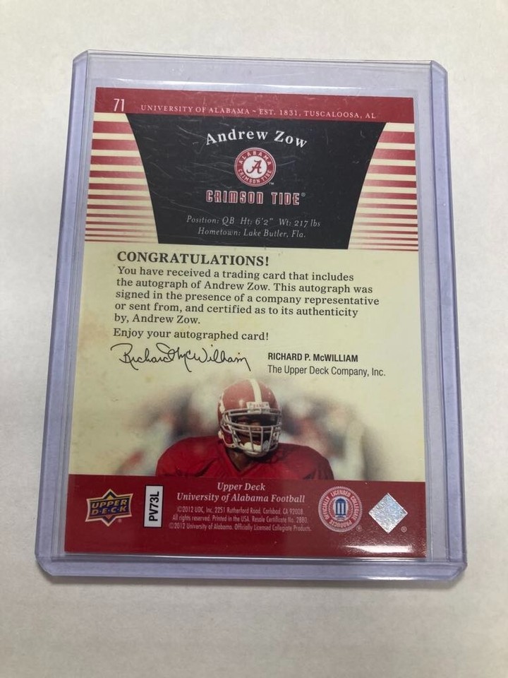 2012 Upper Deck Alabama ANDREW ZOW base AUTO football card - LOOK! | eBay