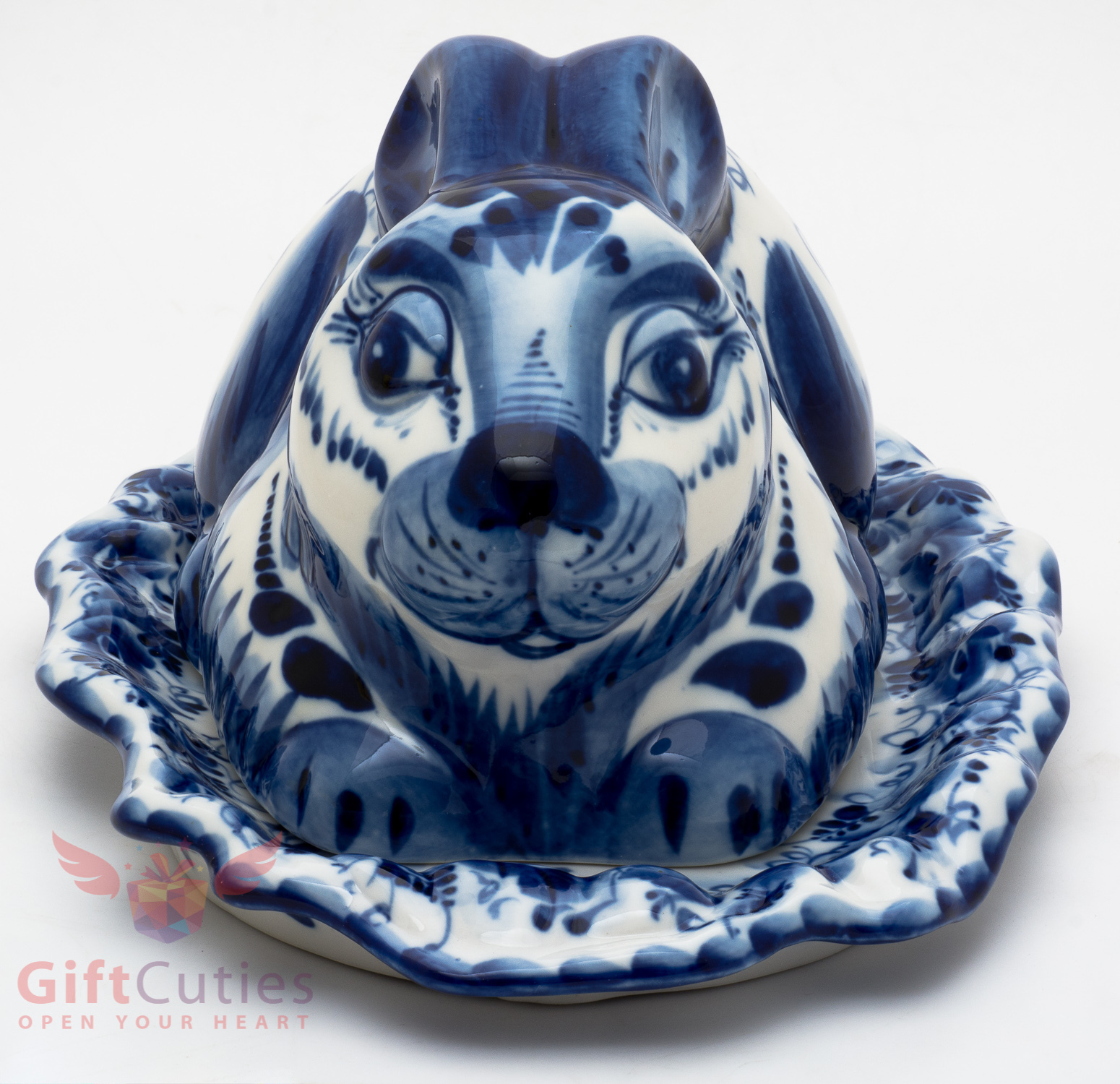 Gzhel Porcelain server plate or butter dish holder Rabbit Hand-painted ...