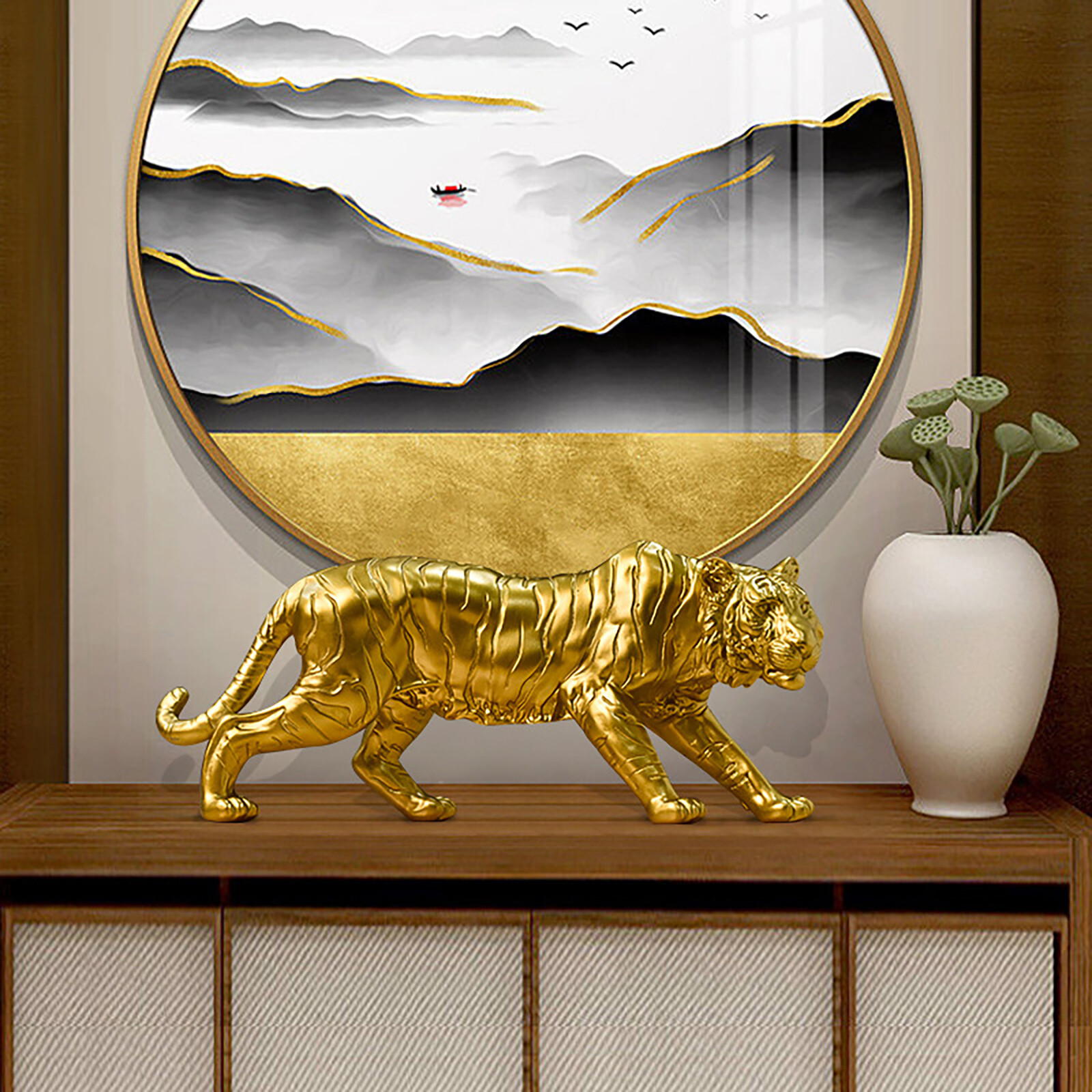 Resin Desktop Tiger Statue Crafts Christmas Gift Gold for Home Living ...