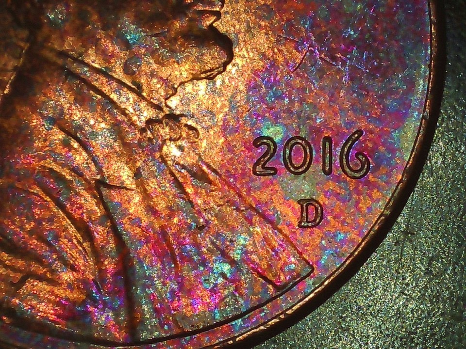 2016 D Lincoln Shield Cent Penny "MONSTER" "RAINBOW" "TONED" "STUNNING ...