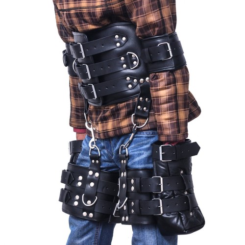 Heavy Duty Black Leather Corset BDSM Bondage Arm Binder Wrist Cuffs ...
