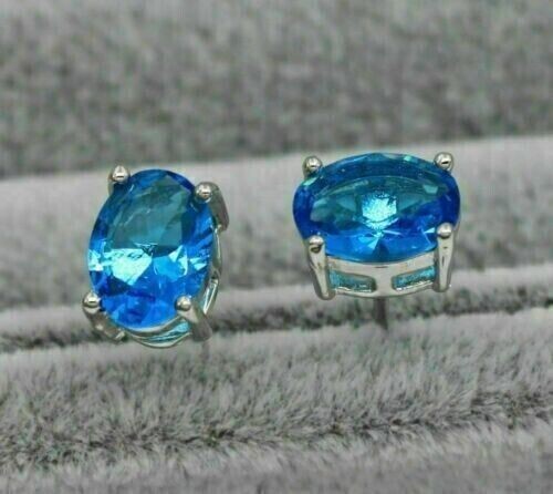 4Ct Oval Cut Lab-Created Blue Topaz Solitaire Stud Earring 14k White ...