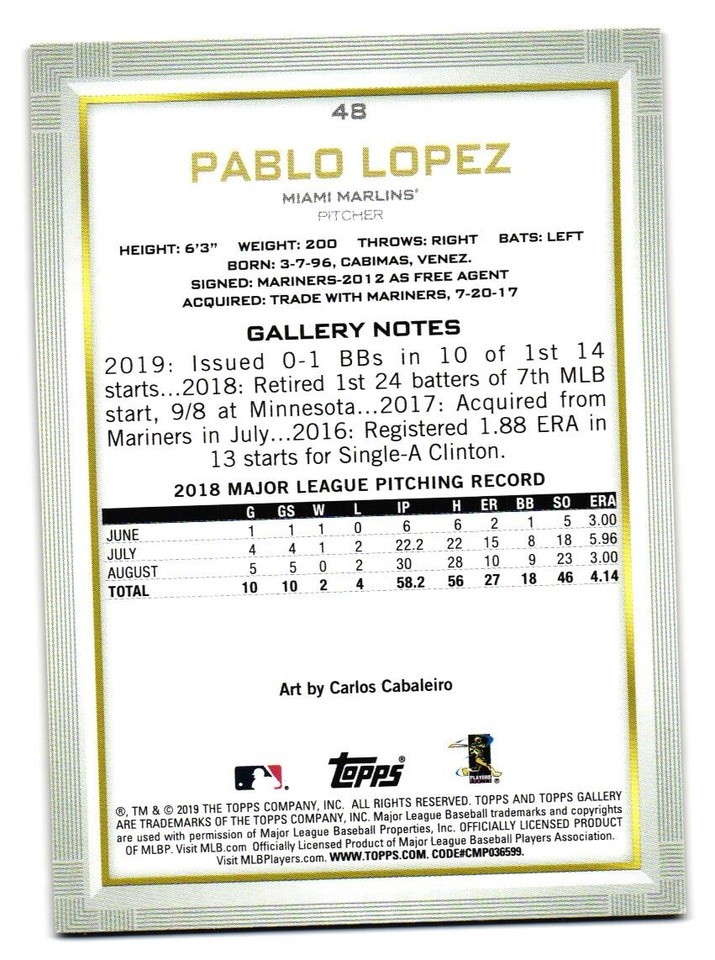 2019 Topps Gallery # 48 Pablo Lopez Miami Marlins Rookie | eBay