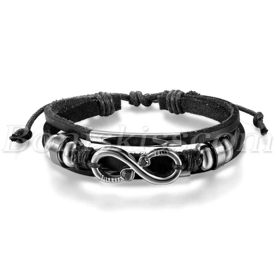 Mens Women Love Heart Cubic Zirconia Infinity Beaded Leather Bracelet ...