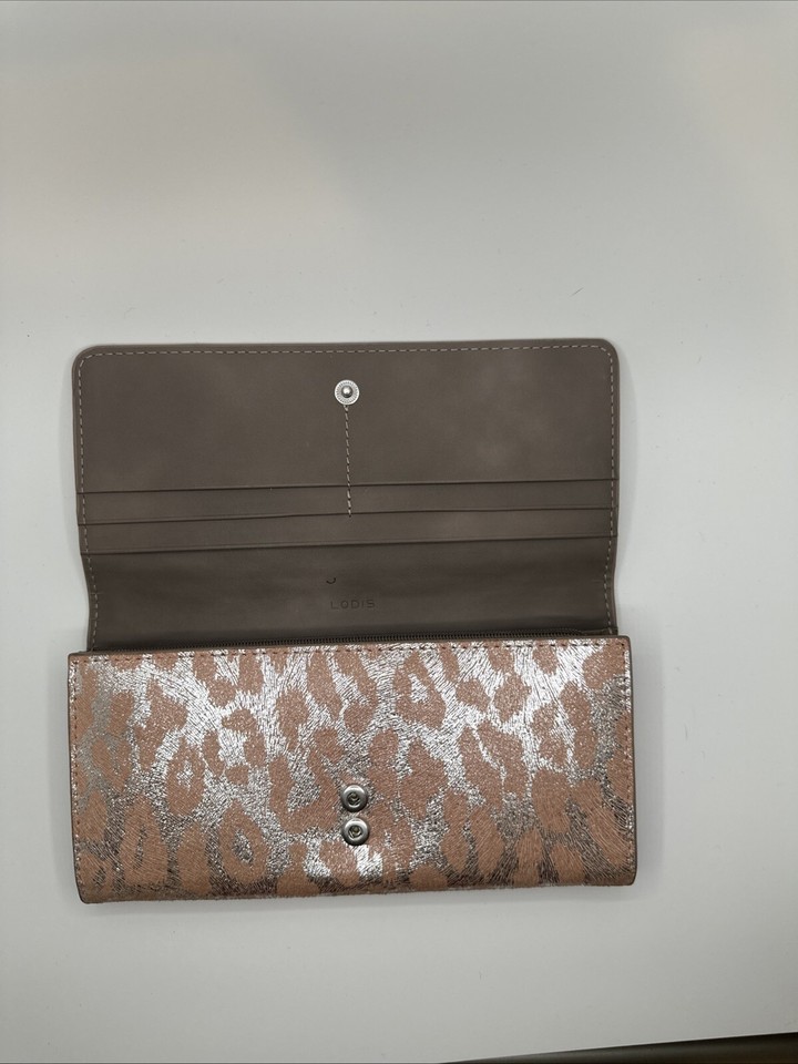 Lodis Metallic Animal Leopard Print Wallet Clutch Peach Pink silver Bifold NEW | eBay