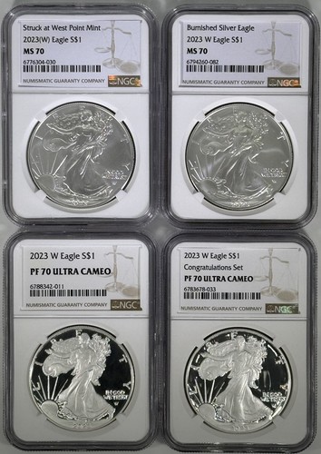 2023 W Silver Eagle MS70, Burnished MS70, PF70, Congratulations PF70 4 ...
